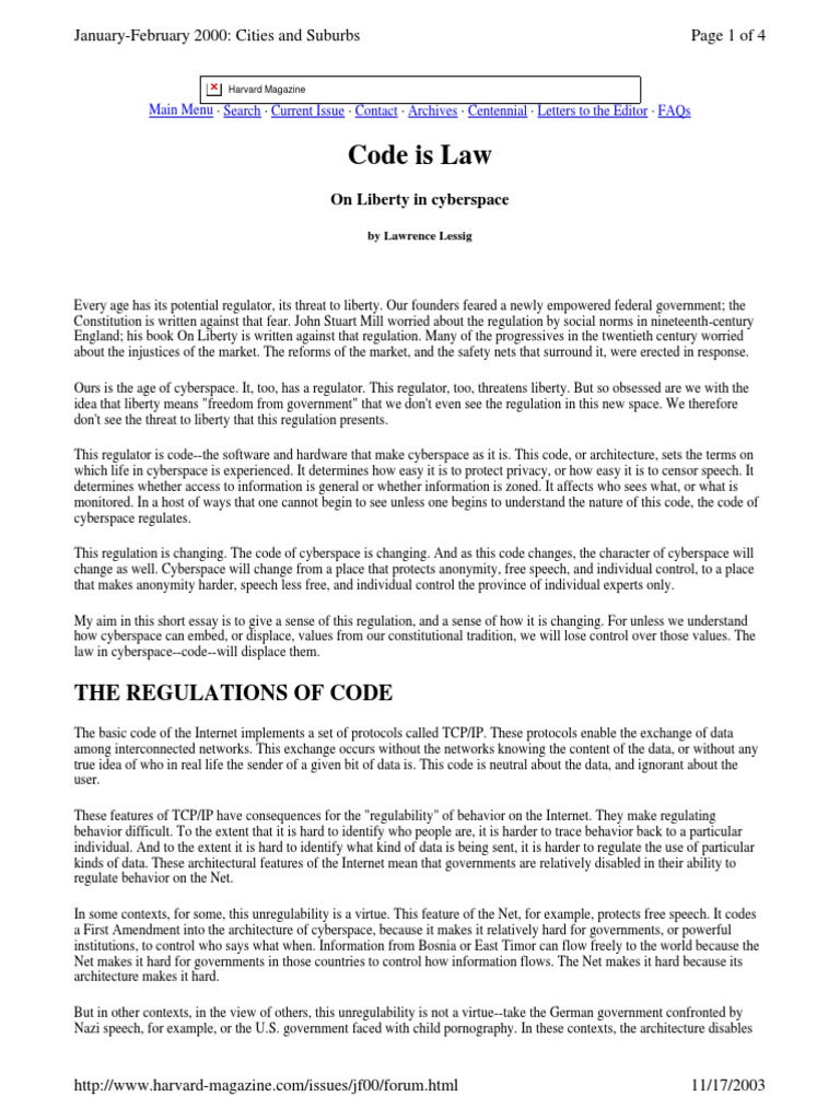 Lessig, Lawrence - Code Is Law | PDF | Privacy | Communications Protocols