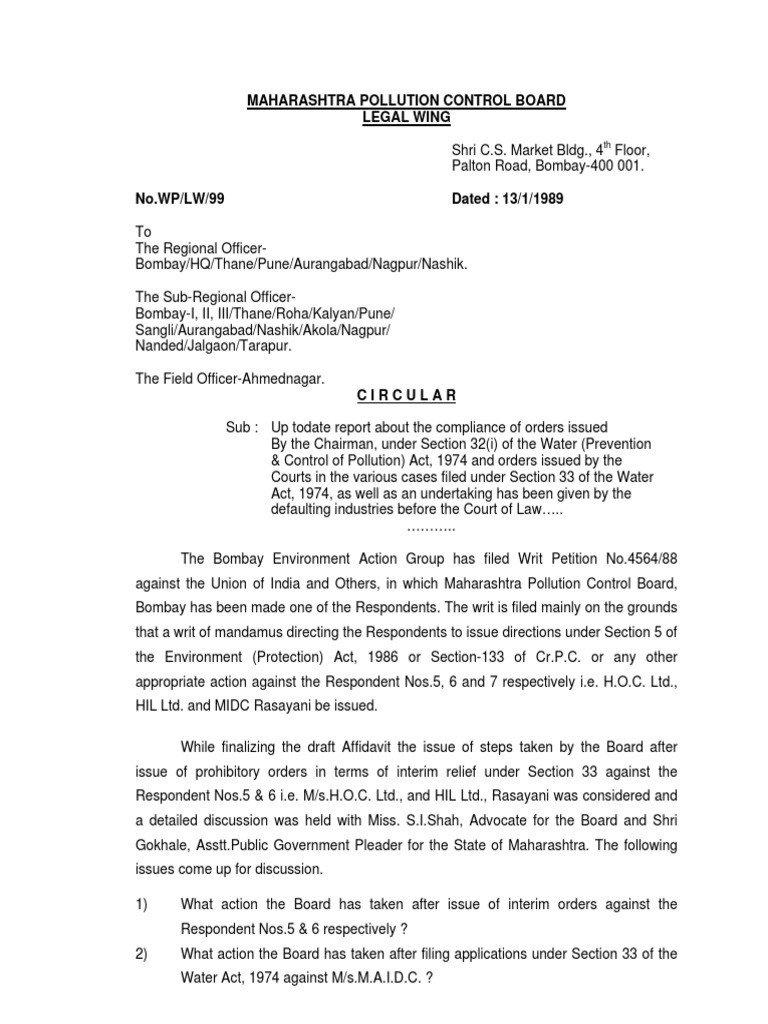 MPCB circular on compliance of court orders and monitoring of polluting industries | PDF ...