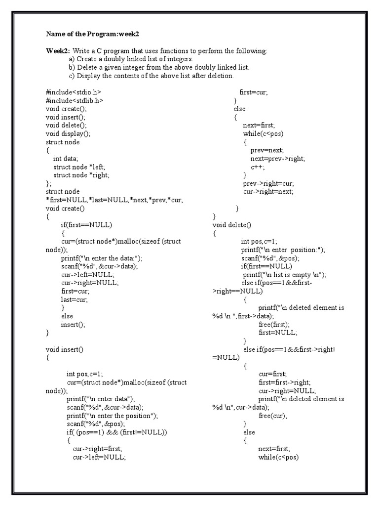Doubly Linked List C Program Pdf Software Development Algorithms And Data Structures