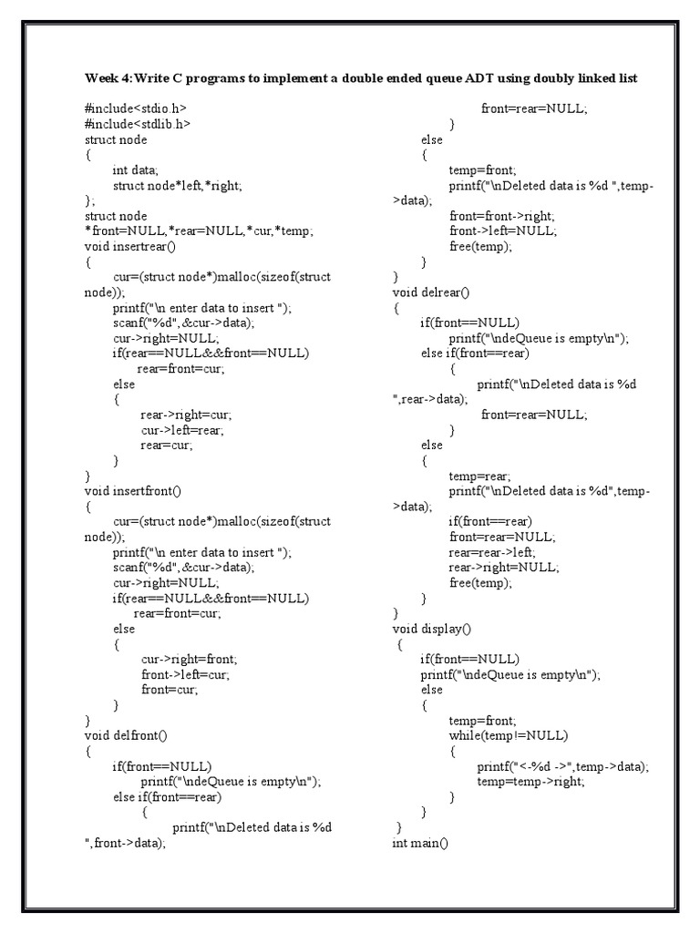Double Ended Queue ADT Using Doubly Linked List | PDF