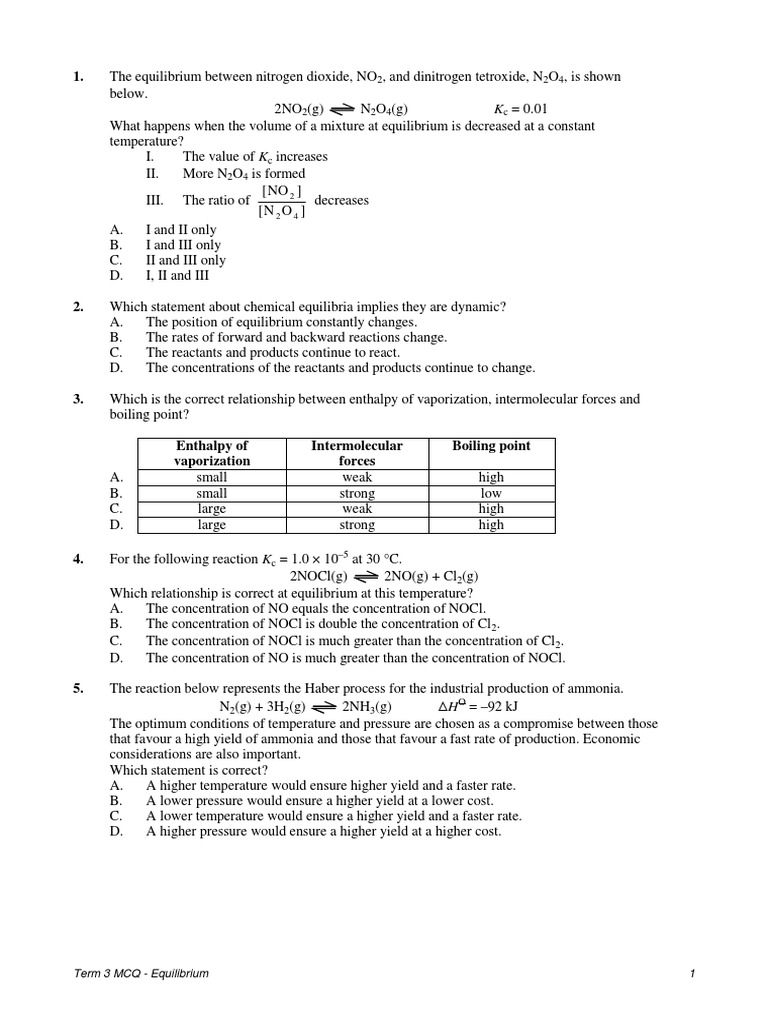 Equilibrium MCQ W Ans | PDF | Chemical Equilibrium | Chemical Reactions
