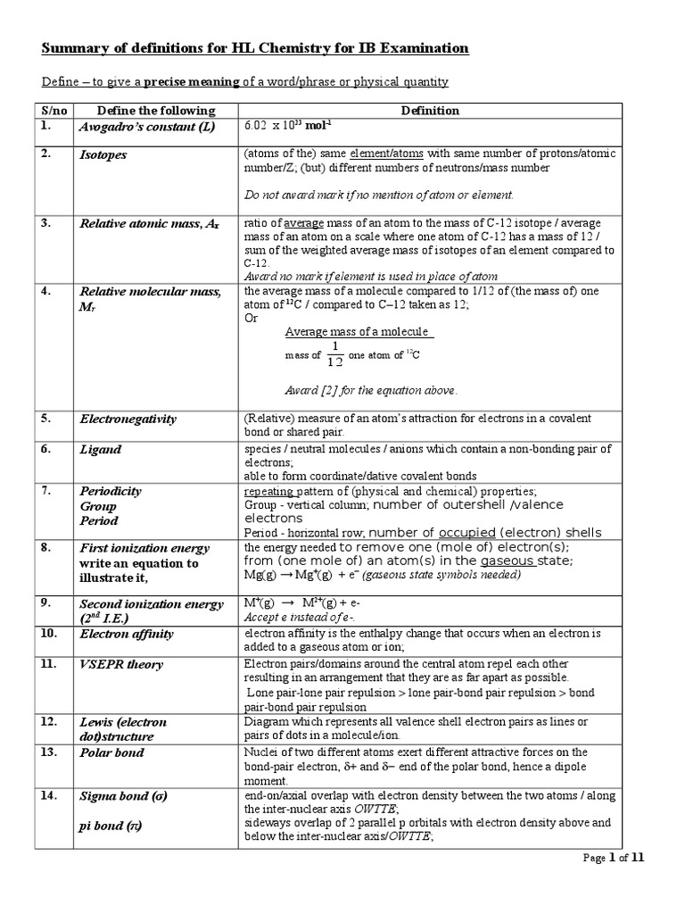 2014 - Revised - HL - Summary of Definition HL Chem From IB | PDF ...