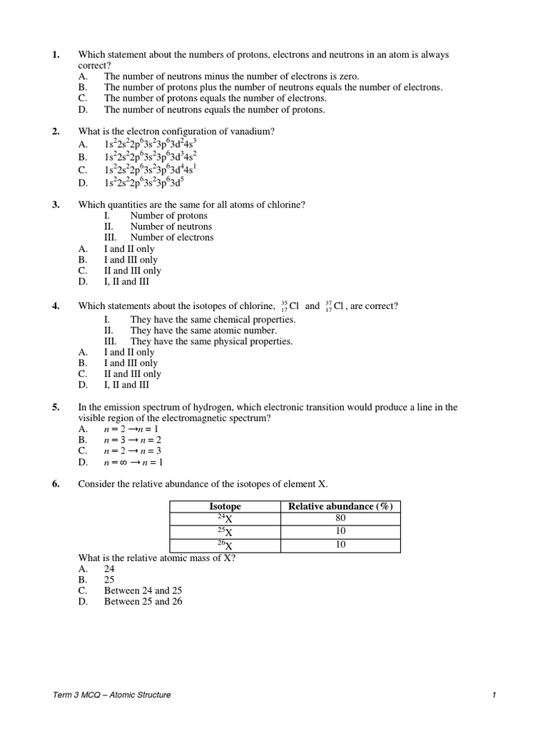 Atomic Structure MCQ W Ans | PDF | Atoms | Atomic Nucleus