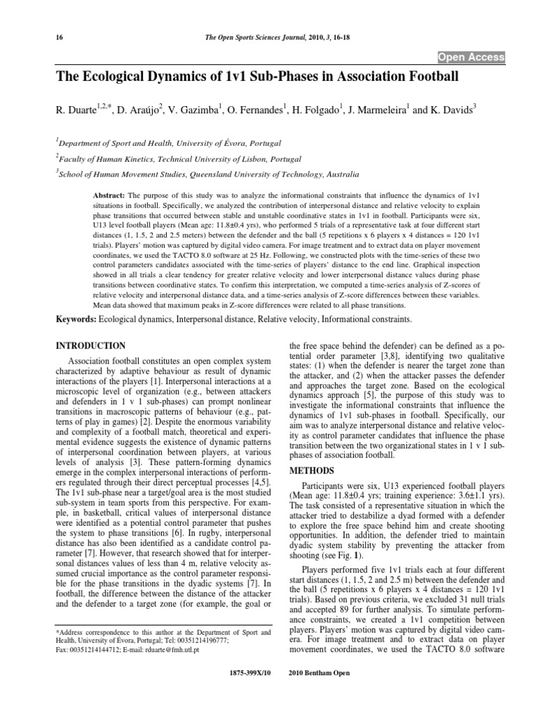 The Ecological Dynamics of 1v1 Sub-Phases in Association Football | PDF ...