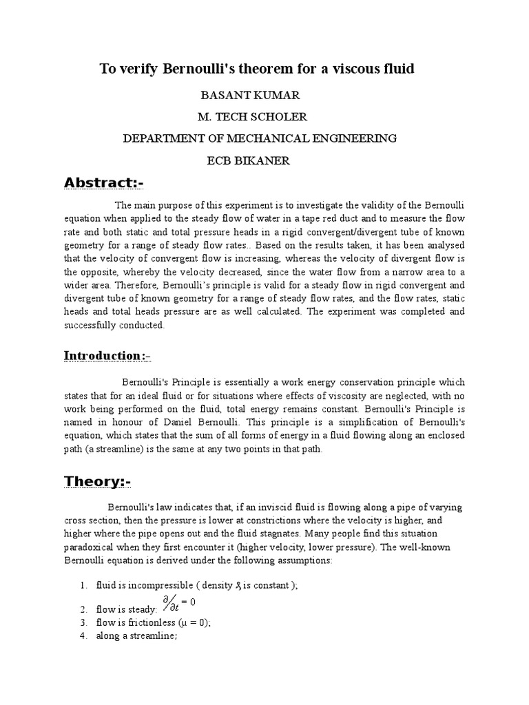Verification of Bernoulli's Theorem for a Viscous Fluid Using an ...