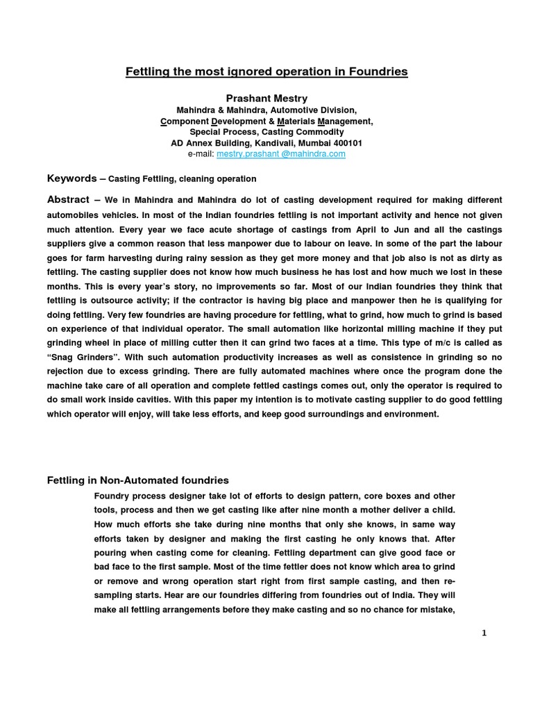 Fettling The Most Ignored Operation in Foundries: Prashant Mestry | PDF ...