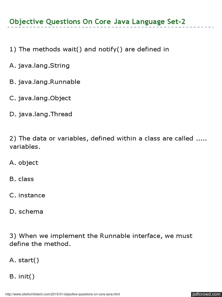 Objective Questions On Core Java Language | PDF | Class (Computer Programming) | Method ...