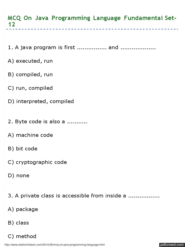MCQ On Java Programming Language Fundamental | PDF | Class (Computer Programming) | Multiple Choice