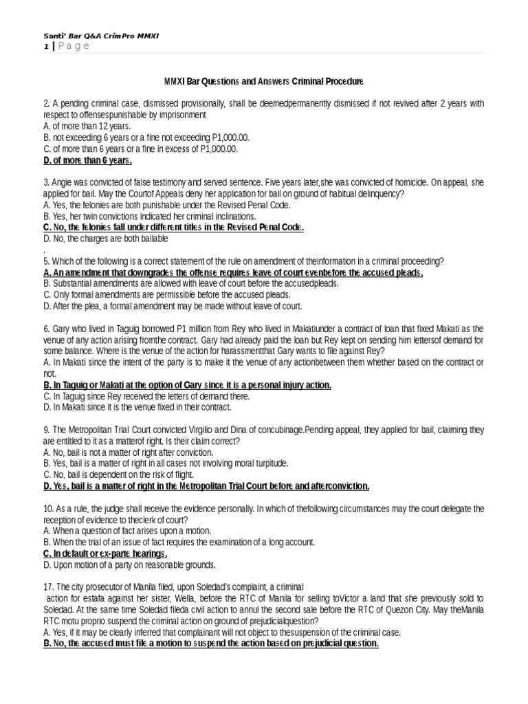 MMXI Bar Questions and Answers Criminal Procedure | PDF | Bail | Prosecutor