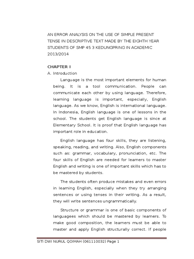 An Error Analysis On The Use of Simple Present Tense in Descriptive Text Made by The Eighth Year ...