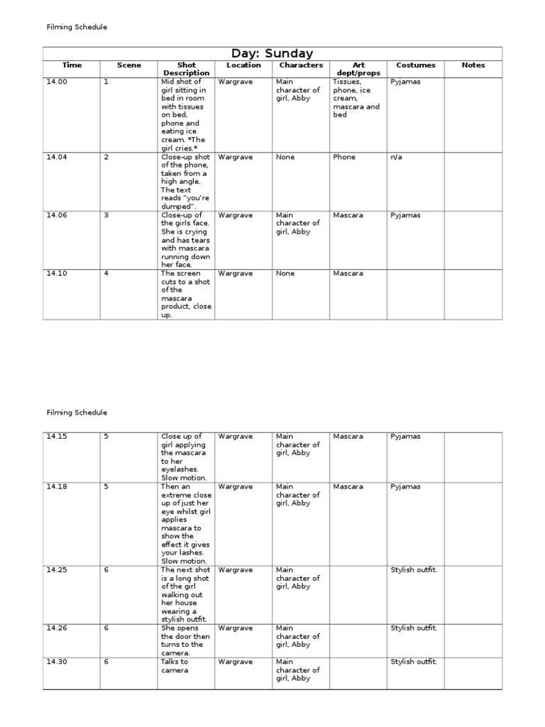 Filming Schedule | PDF | Social Science | Language Arts & Discipline