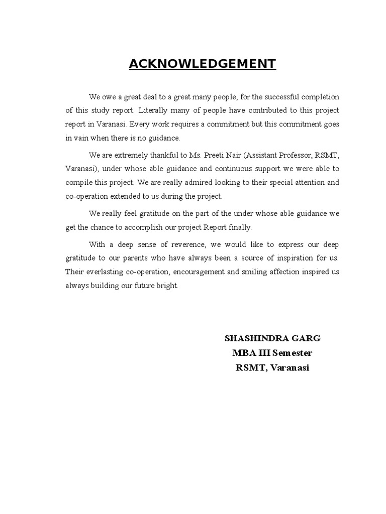 Acknowledgement: Mba Iii Semester RSMT, Varanasi | PDF | Career ...