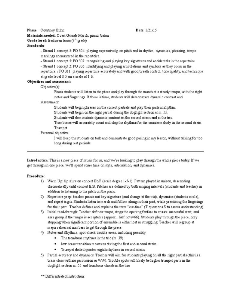 Lesson Plan Brass Coast Guards March | PDF | Brass Instruments | Rhythm
