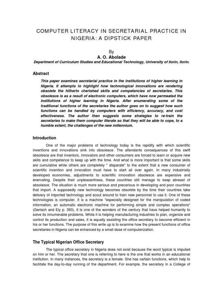 Computer Literacy in Secretarial Practice in Nigeria A Dipstick Paper ...