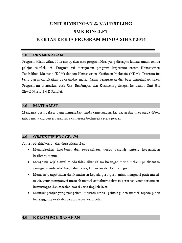 Kertas Kerja Program Minda Sihat 2014 | PDF