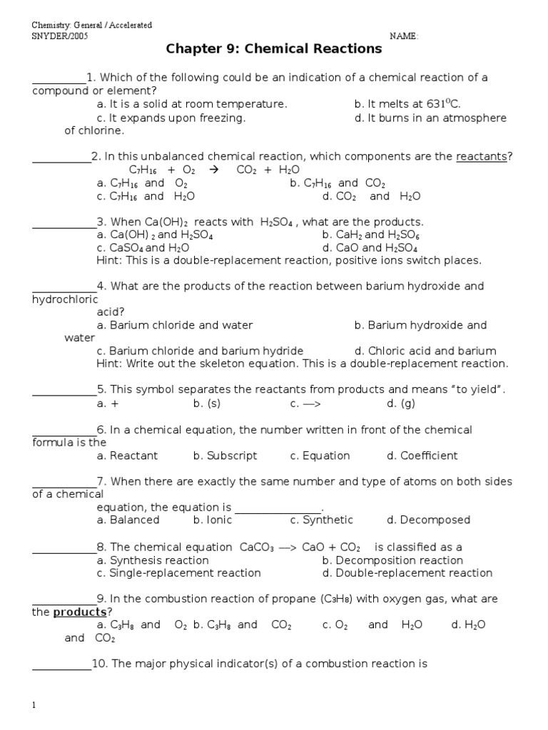 Chapter 9 Test Chemical Reactions | PDF | Chemical Reactions | Atoms