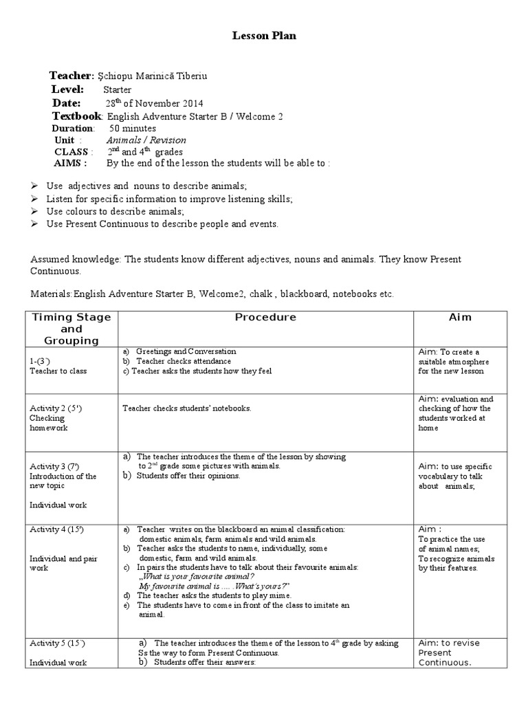 Plan de Lectie Clasa A 2-A + A 4-A | PDF | Homework | Teaching