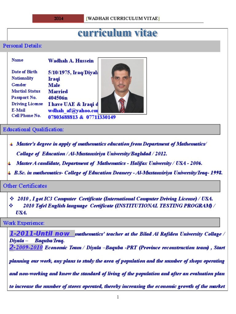 CV-wadhah Curriculum Vitae 2014 | PDF | Iraq | Curriculum