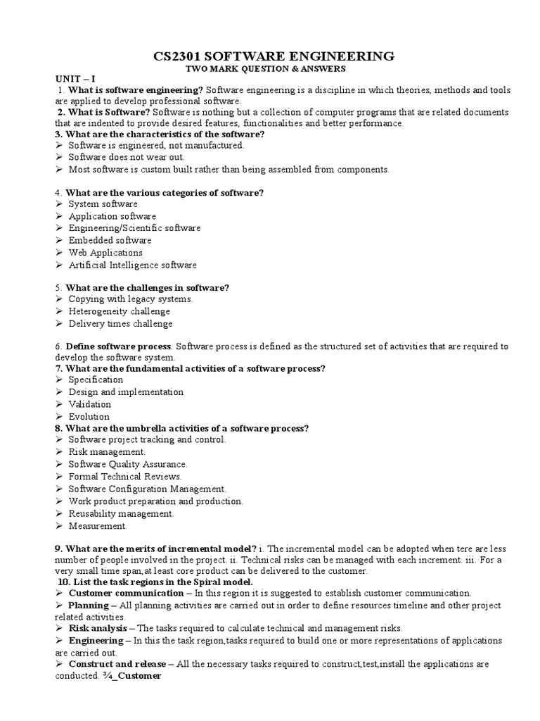 Cs2301 Software Engineering: Two Mark Question & Answers | PDF ...