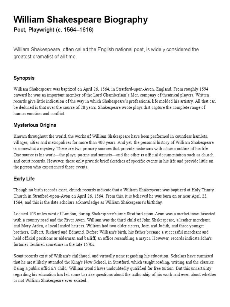 Biography of William Shakespeare | PDF