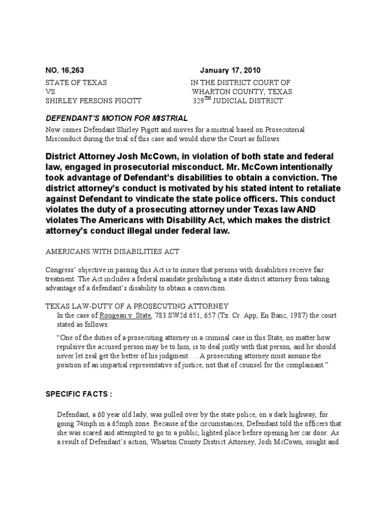 Pigott Wharton Motion For Mistrial Based On Prosecutorial Misconduct of ...