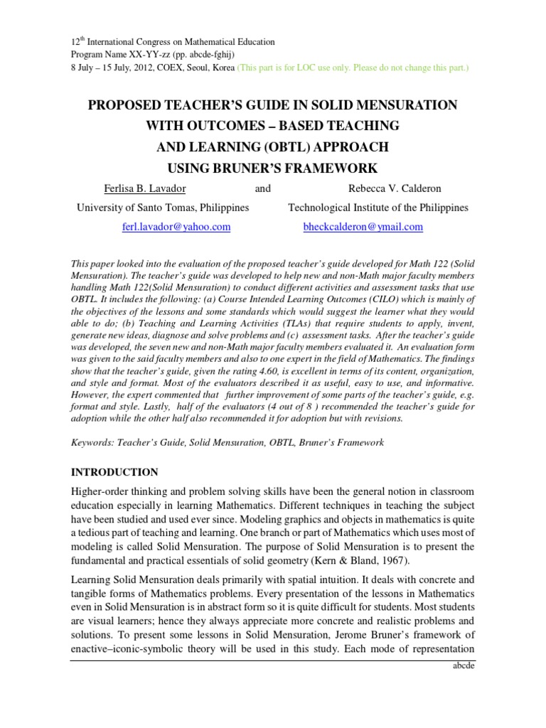 Developing a Teacher's Guide for Solid Mensuration Using Outcomes-Based ...