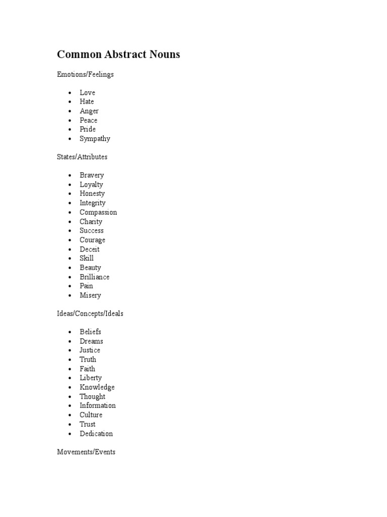List of Common Abstract Nouns | PDF