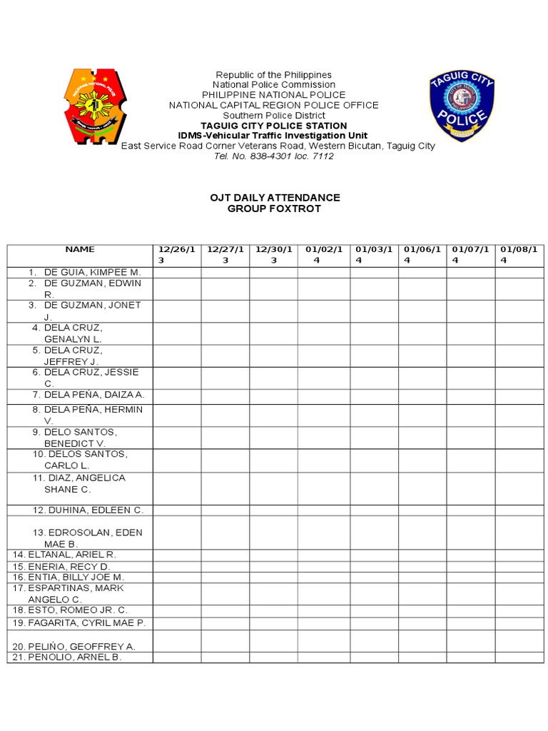 Ojt Daily Attendance Group Foxtrot: Taguig City Police Station IDMS-Vehicular Traffic ...