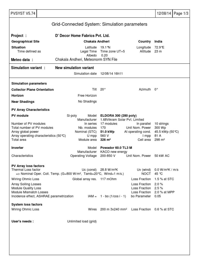 Grid-Connected System: Simulation Parameters: Project: D' Decor Home Fabrics Pvt. LTD | PDF ...