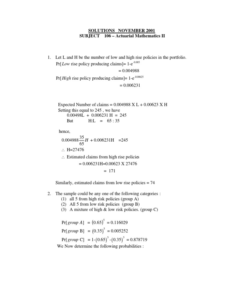 Solutions November 2001 SUBJECT 106 - Actuarial Mathematics II ...
