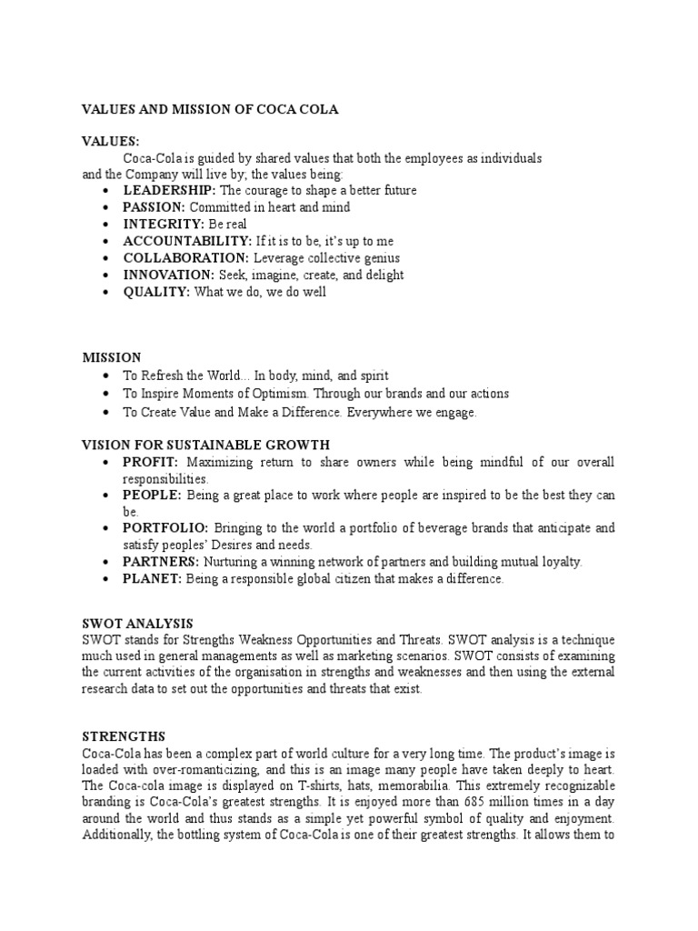 Values and Mission of Coca Cola | PDF | Coca Cola | Swot Analysis