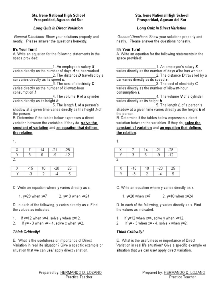 Long Quiz Direct Variation | PDF | Variable (Mathematics) | Equations