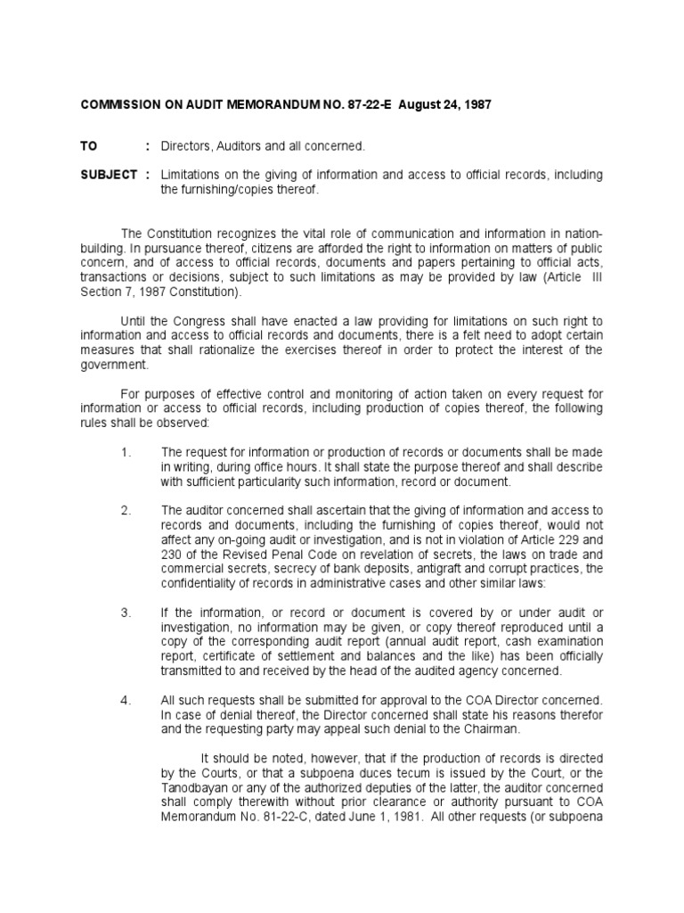 COA Memo No. 87-22-E-giving of Info | Audit | Constitutional Law