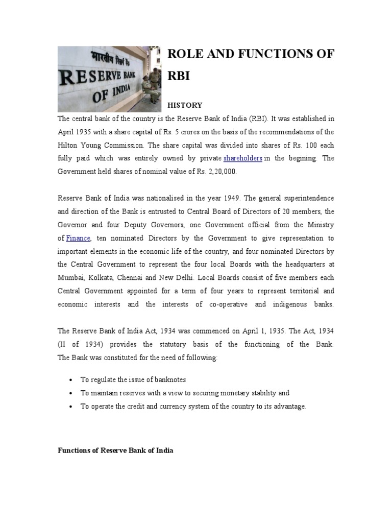 Role and Functions of RBI: History | PDF | Reserve Bank Of India ...