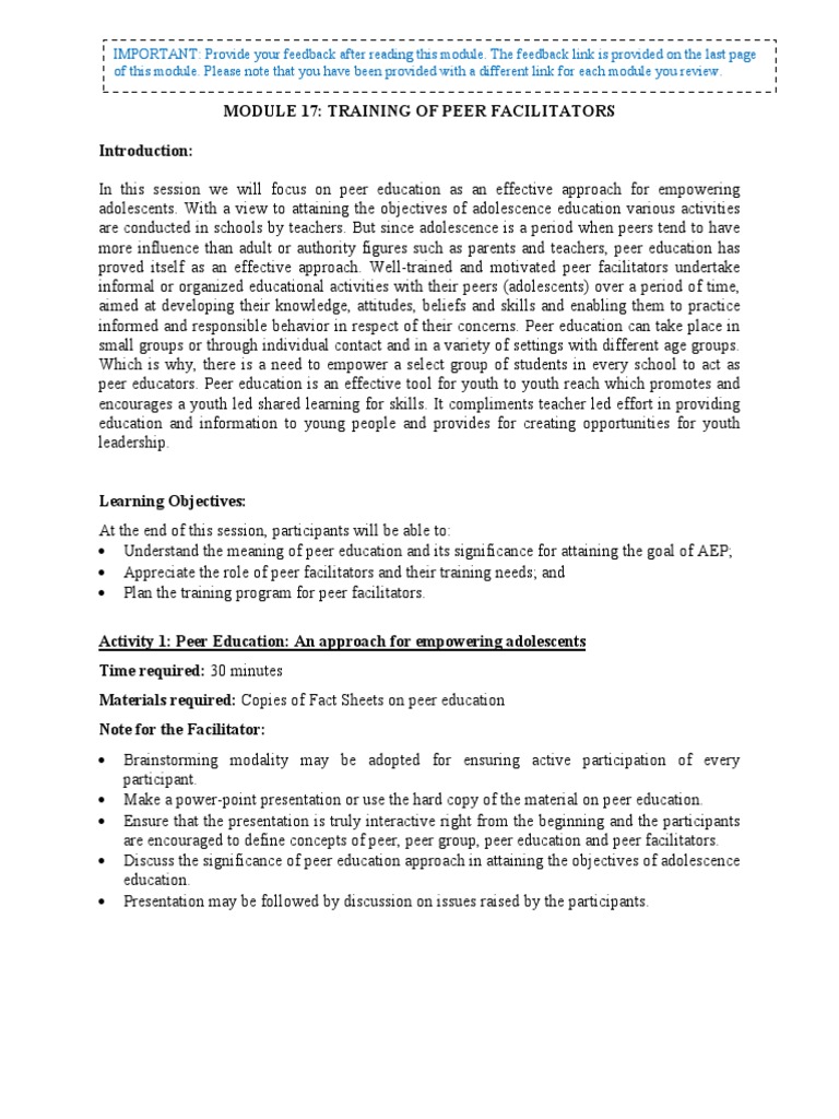 Module 17 Training of Peer Facilitators | PDF | Facilitator | Adolescence