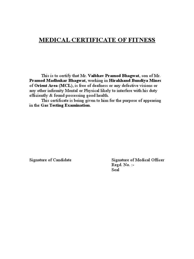 Medical Certificate of Fitness | PDF