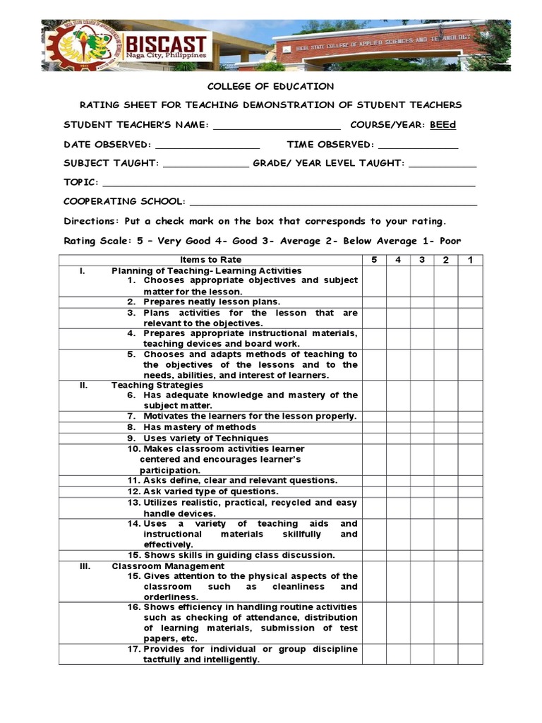 Teaching Demonstration Rating Sheet | PDF | Teachers | Epistemology