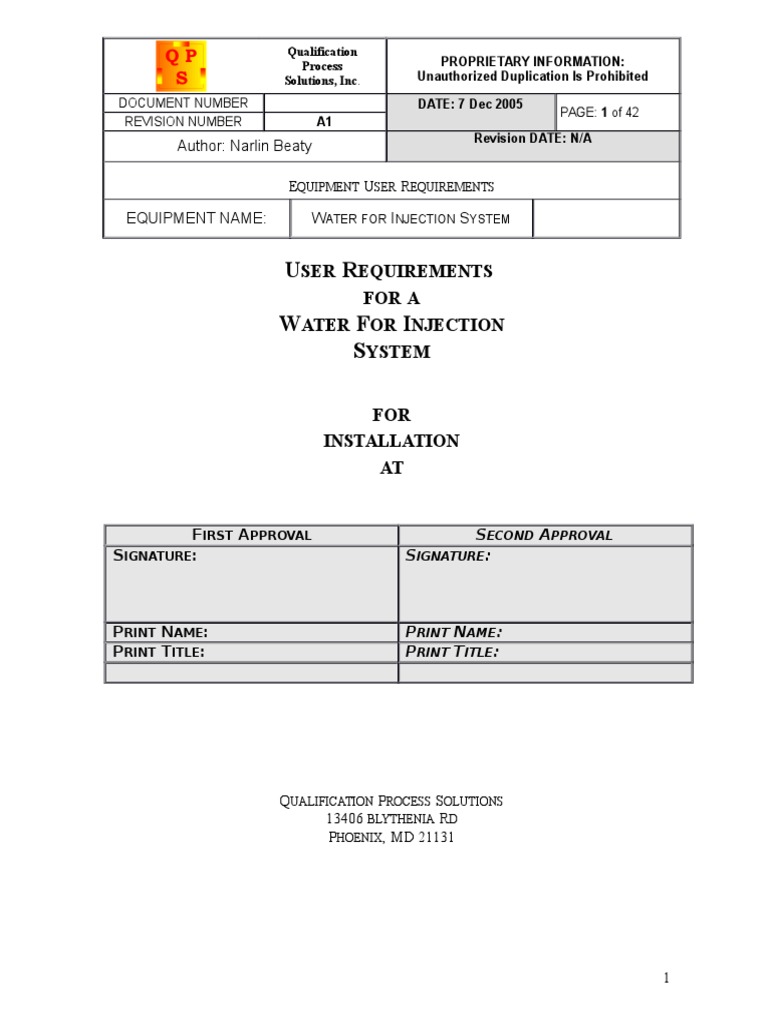 User Requirements For A Water For Injection System | PDF | Programmable ...