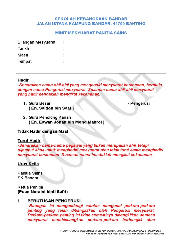 Contoh Format Minit Mesyuarat | PDF