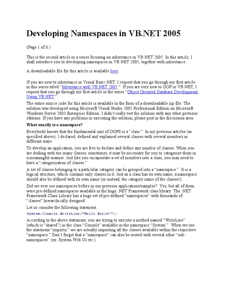 Developing Name Spaces in VB | PDF | Namespace | Class (Computer Programming)
