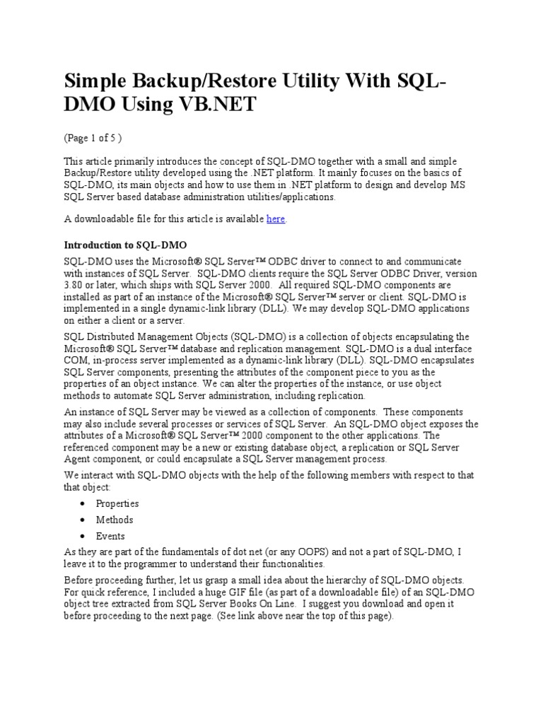 Simple Backuprestore Utility With Sql Introduction To Sql Dmo Pdf Microsoft Sql Server