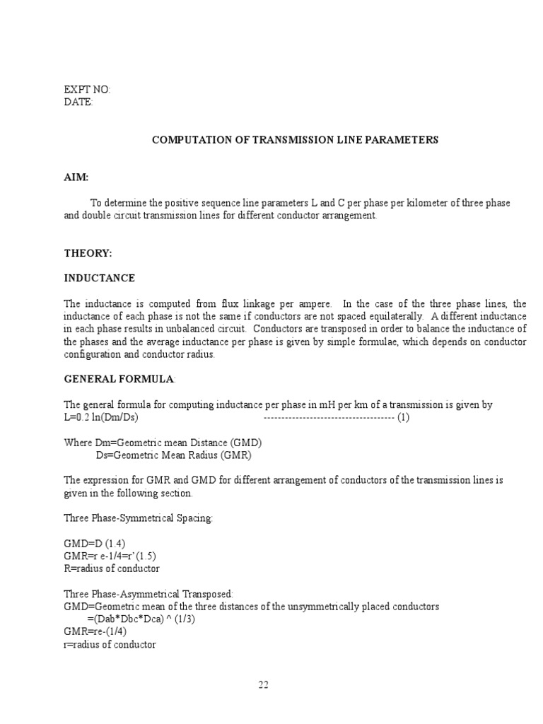 Transmission Line Parameter Calculation | PDF | Inductance | Electrical ...