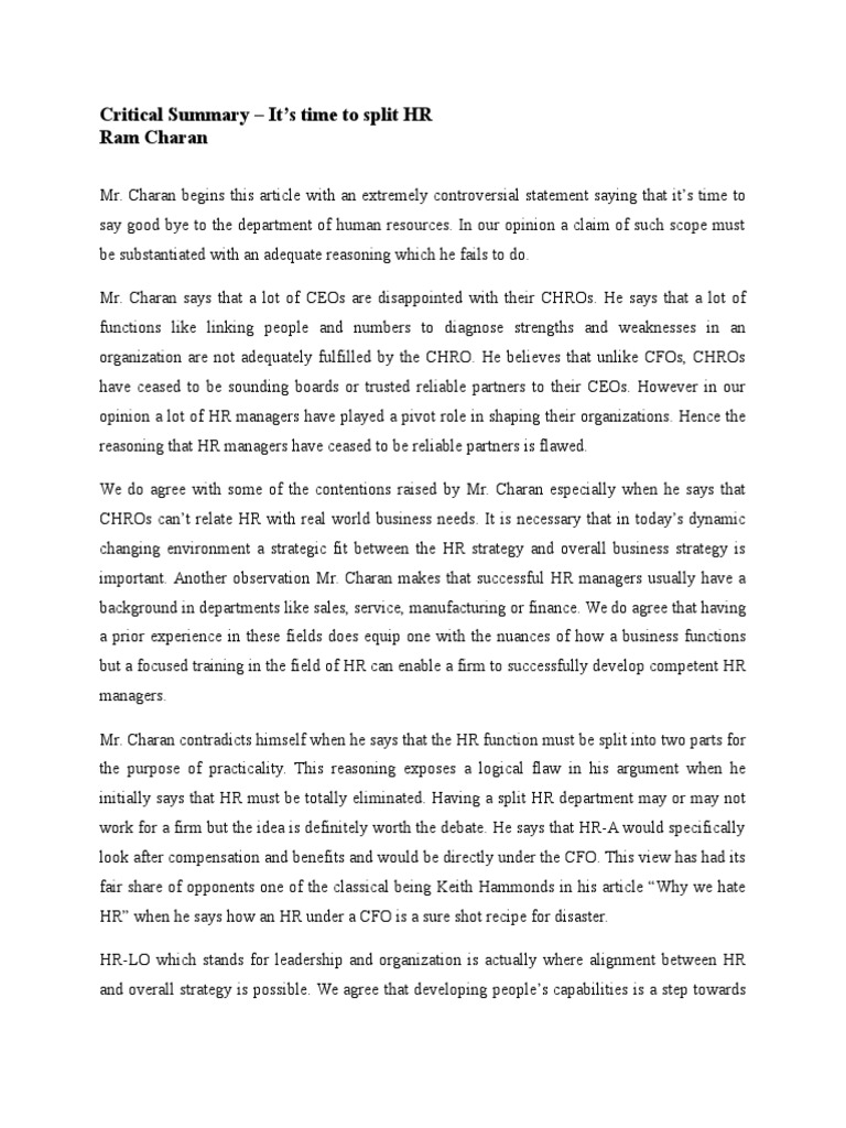 Critical Summary - It's Time To Split HR Ram Charan | PDF | Chief ...