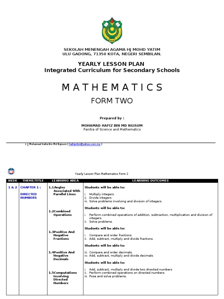 Yearly Lesson Plan Math F2 | PDF | Cartesian Coordinate System | Area