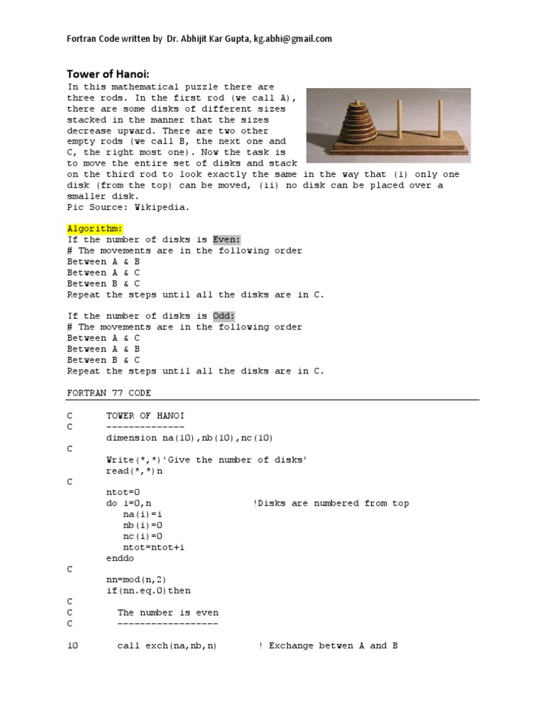 Tower of Hanoi: Fortran Code | PDF | Puzzles | Recreational Mathematics