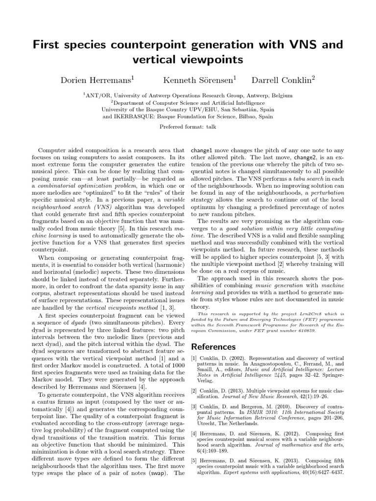 First Species Counterpoint Generation With VNS and Vertical Viewpoints ...