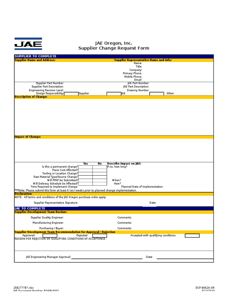 JAE Oregon, Inc. Supplier Change Request Form | PDF