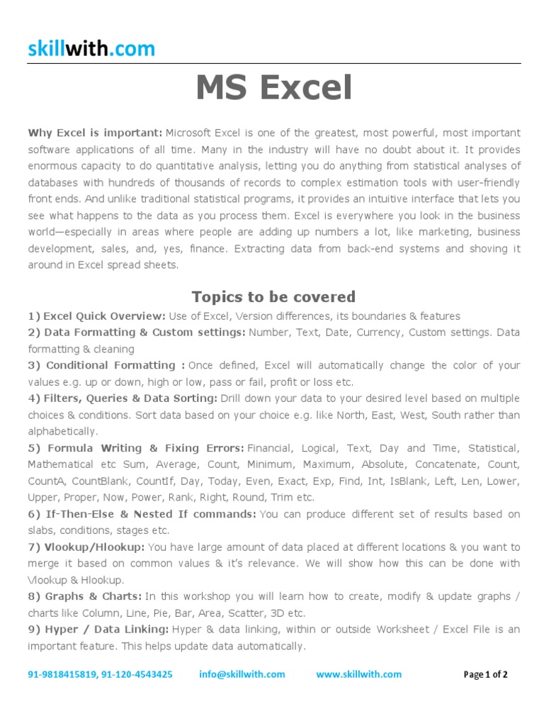 Training Topics - MS Excel | Microsoft Excel | Statistics