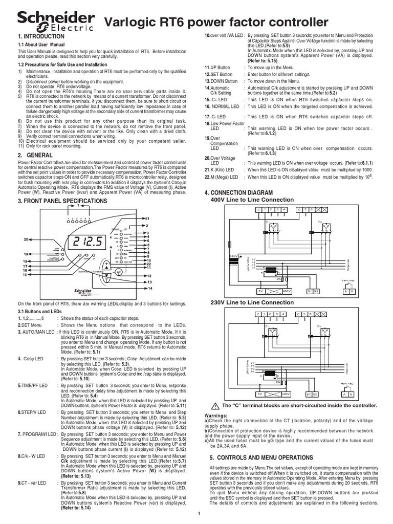RT6 Power Factor Controller Manual | PDF | Capacitor | Ac Power