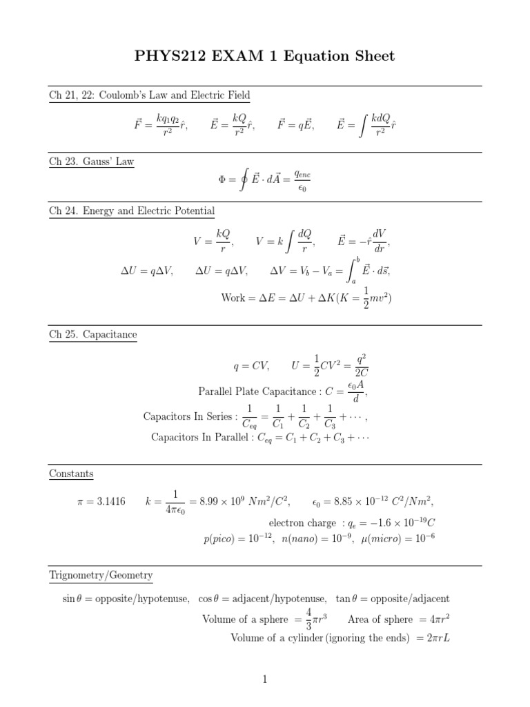 Physics 212 Equation Sheet | PDF | Capacitance | Capacitor